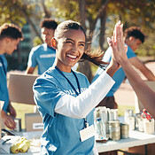 Outdoor, volunteer and group with high five, community service and ...