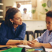 Education, mother and kid in home for learning, studying and advice for ...