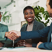 Business, people and handshake with agreement in office for b2b upsell ...