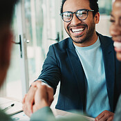 Business, people and handshake with welcome in office for b2b upsell ...