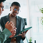 Teamwork, eco consultant and tablet with business people in office for ...