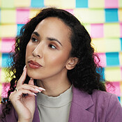 Business woman, creative and thinking by sticky note for problem ...