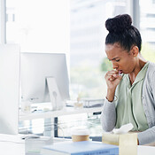 Sick, business woman and cough in office with virus infection ...