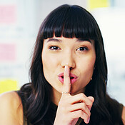 Silent, secret and portrait of business woman in office with sticky ...