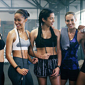 Fitness, women group and happy at gym for exercise support, wellness ...