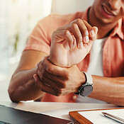 Man, hand pain and laptop injury in office, bruise and carpal tunnel ...