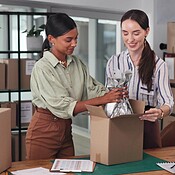 Logistics, entrepreneur and people with boxes, packaging and preparing for order in warehouse ...