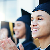 Smile, man and students with clapping of graduation ceremony, class ...