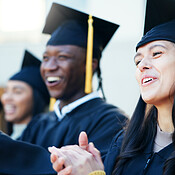 Smile, woman and students for applause of graduation ceremony, class ...