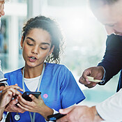 Woman, nurse and multitasking with medical team for overworked pressure ...