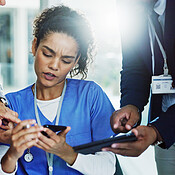 Frustrated woman, nurse and multitasking with team for overworked ...
