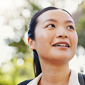 Thinking, hiking and Asian woman with nature, travel and contemplating ...