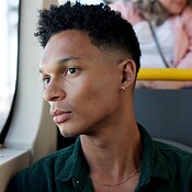 Bus, thinking and man by window for journey, commute and travel for ...