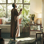 Islamic, man and praying to god at house for spiritual worship, praise ...