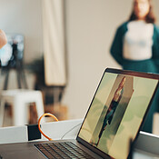 Laptop screen, photoshoot and editing in studio for creative, digital ...