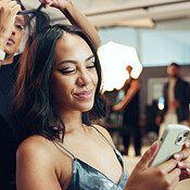 Phone, photography or social media with hair stylist and model in studio for behind the scenes ...