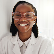 Science, black woman and happy portrait in laboratory for clinical ...