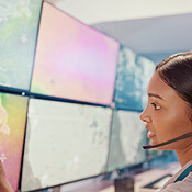 Computer, screen or woman with microphone in control room for weather ...