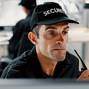 Security, man and watching footage, control room and radio for backup ...