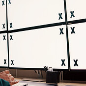 Computer screens, office and hands typing by space for security, safety ...