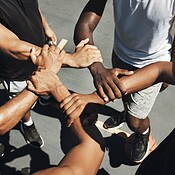 Wrist hands, sports teamwork and support, collaboration and cooperation ...