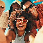 Smile, selfie and portrait of friends outdoor for social media, summer ...
