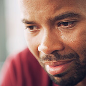Crying, black man and grief with emotional at house for depression ...