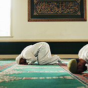 Bow, prayer and Muslim men in mosque, faith and peace for Palestine ...