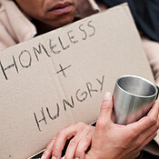 Hands, homeless and cardboard sign with cup, poverty and begging for ...