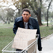 Homeless, person and begging with cardboard in shopping cart for ...