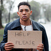 Homeless man, cardboard and sign for help in portrait for poverty ...