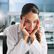 Woman, scientist and headache in lab with pain for medical research ...