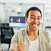 Excited, engineer and man with laptop, office and planning for windmill ...