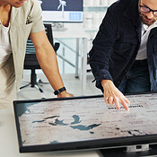 Engineer, people and hands with world map on screen for turbine ...