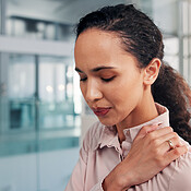 Business, employee and woman with shoulder pain, thinking and secretary ...