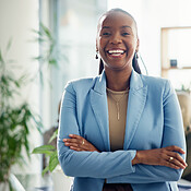 Creative, crossed arms and portrait of business black woman with smile for confidence, pride and ...