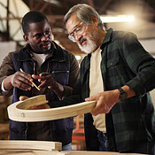 Furniture, teamwork and carpenter with people in factory for design ...