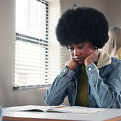 Girl, student and stress for exam in classroom with test fail, low ...