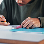 Student, hands and cheating with note in test for exam information ...