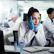 Lab, scientist and woman with stress, computer and disappointment for ...