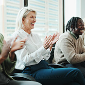 Clapping hands, audience and business people at presentation for ...