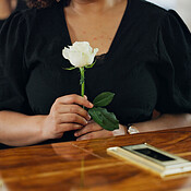 Hands, woman and rose at funeral for farewell service, mourning death ...