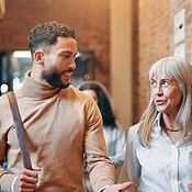 Walking, talk and teamwork with business people in office for ...