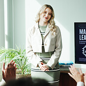 Business woman, clapping and celebration for presentation, success and thank you for ai training ...