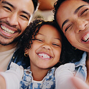 Selfie, happy and portrait of parents with child in home for memory ...
