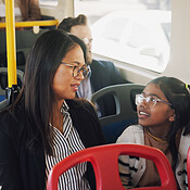Travel, mom and daughter in bus, smile and commuting in morning ...