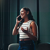 Office, businesswoman and journalist with phone call for communication ...