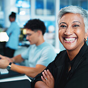 Office, happy woman and portrait with computer for programming, web ...