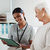 Physiotherapy, tablet and person with senior woman for medical results ...