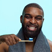 Black man, smile and portrait with toothbrush for brushing teeth ...